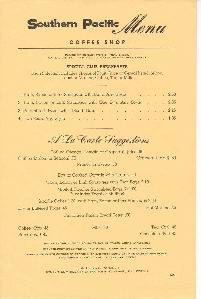 Southern Pacific Coffee Shop Menus Lot of 2 - Etsy