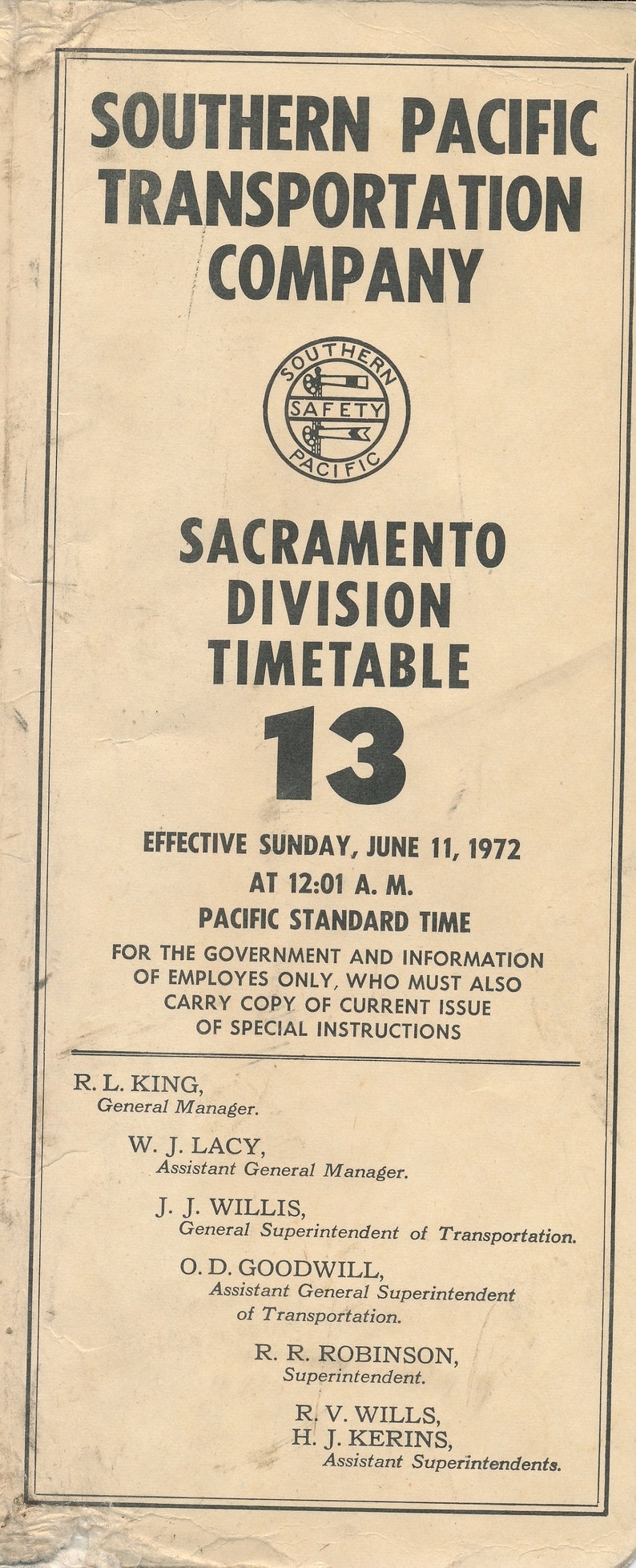 Southern Pacific Employee Timetable Sacramento Division: Nos. 7-1967 ...