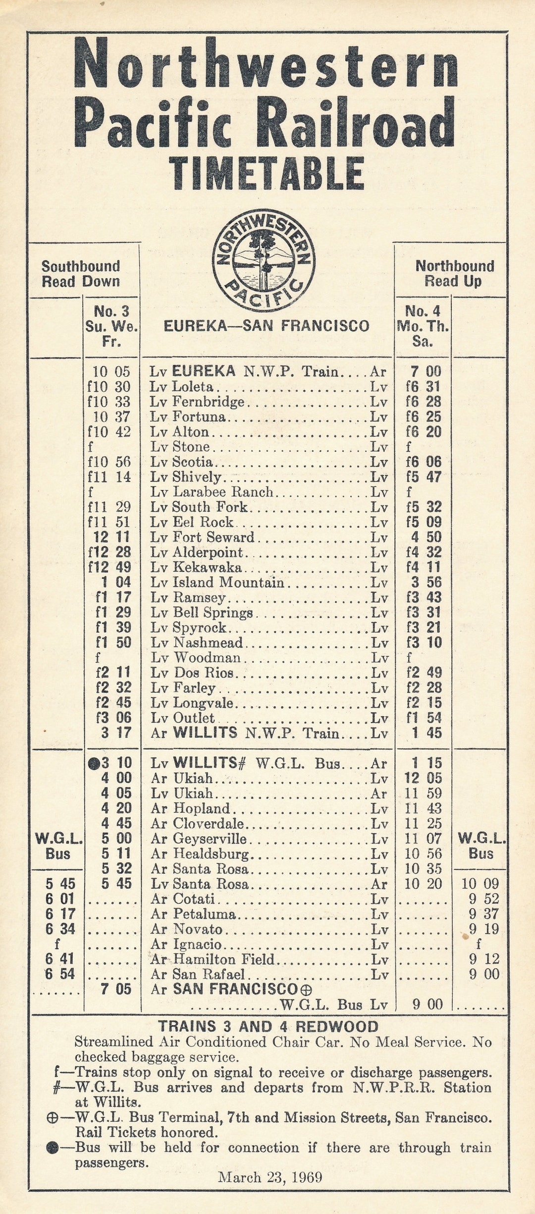 Northwestern Pacific Railroad Public Timetable March 23, 1969 - Etsy