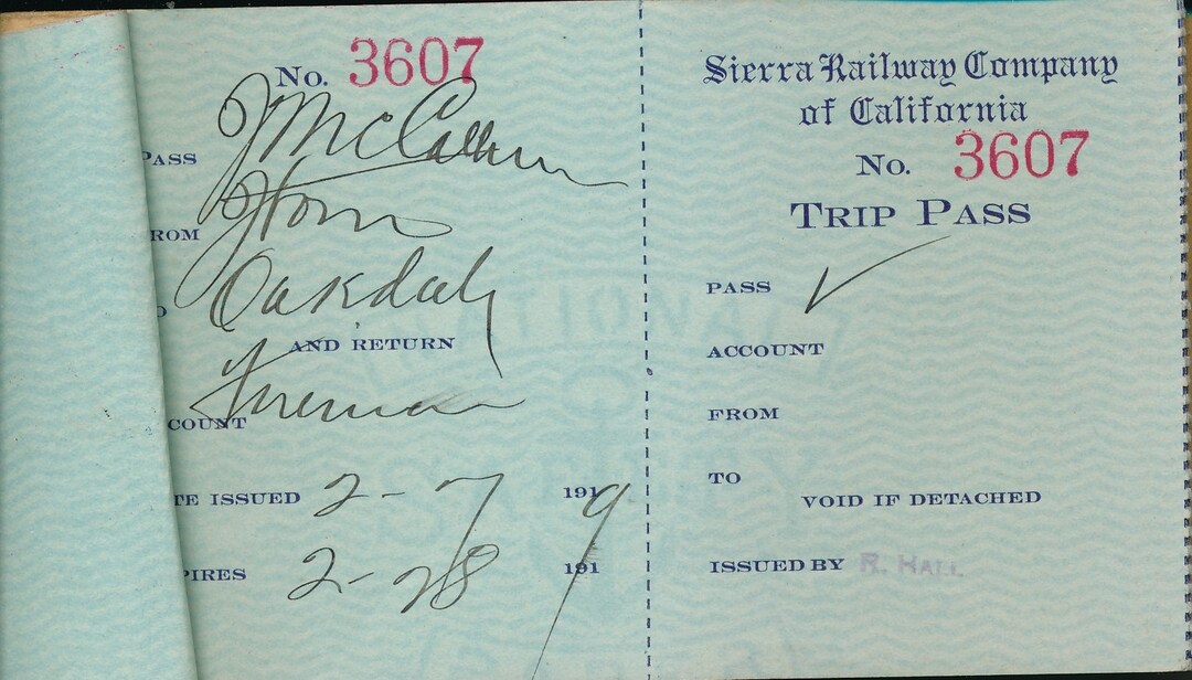 Sierra Railroad Booklet of Issued Trip Passes for the Year of 1919 ...