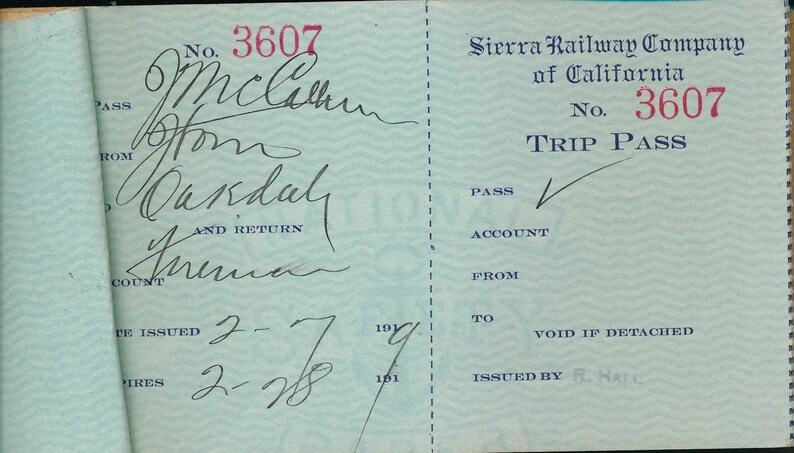 Sierra Railroad Booklet of Issued Trip Passes for the Year of 1919 ...