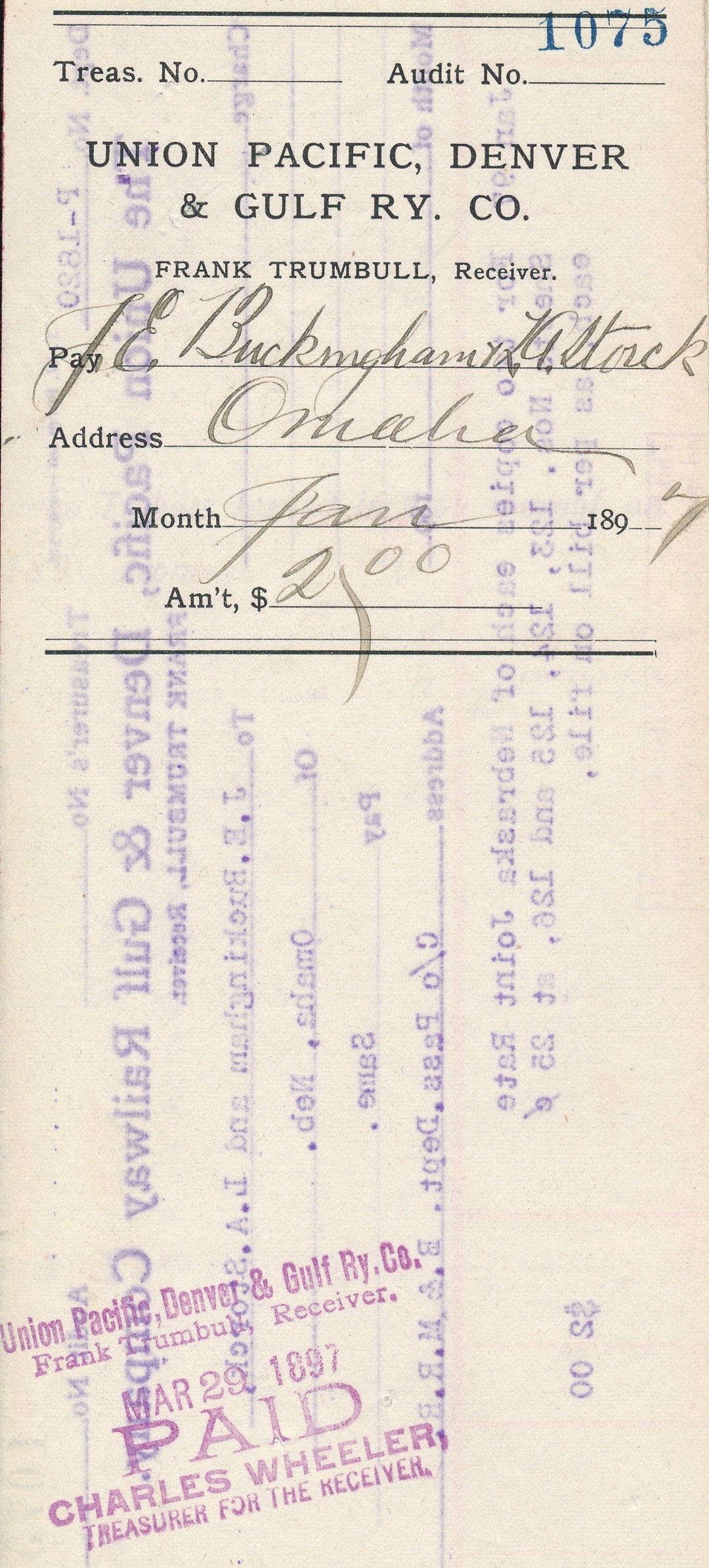 The Union Pacific Denver and Gulf Railway Company Two Invoices of ...