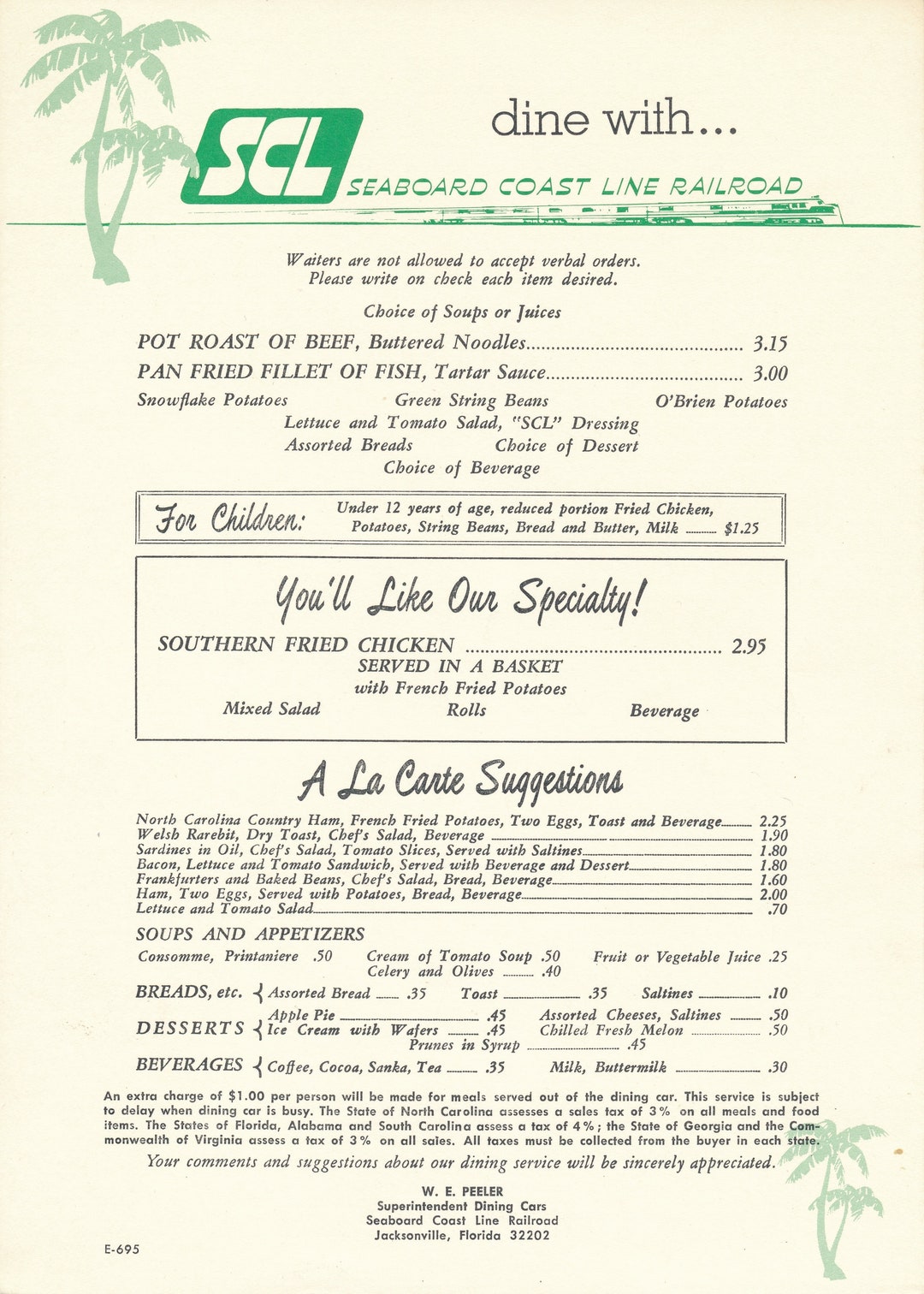 Dining Car Menus: Seaboard Coast Line Lot of 3 Menus Breakfast, Lunch ...