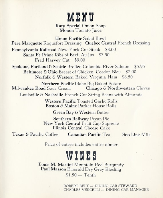 Southern Pacific Dining Car Menus