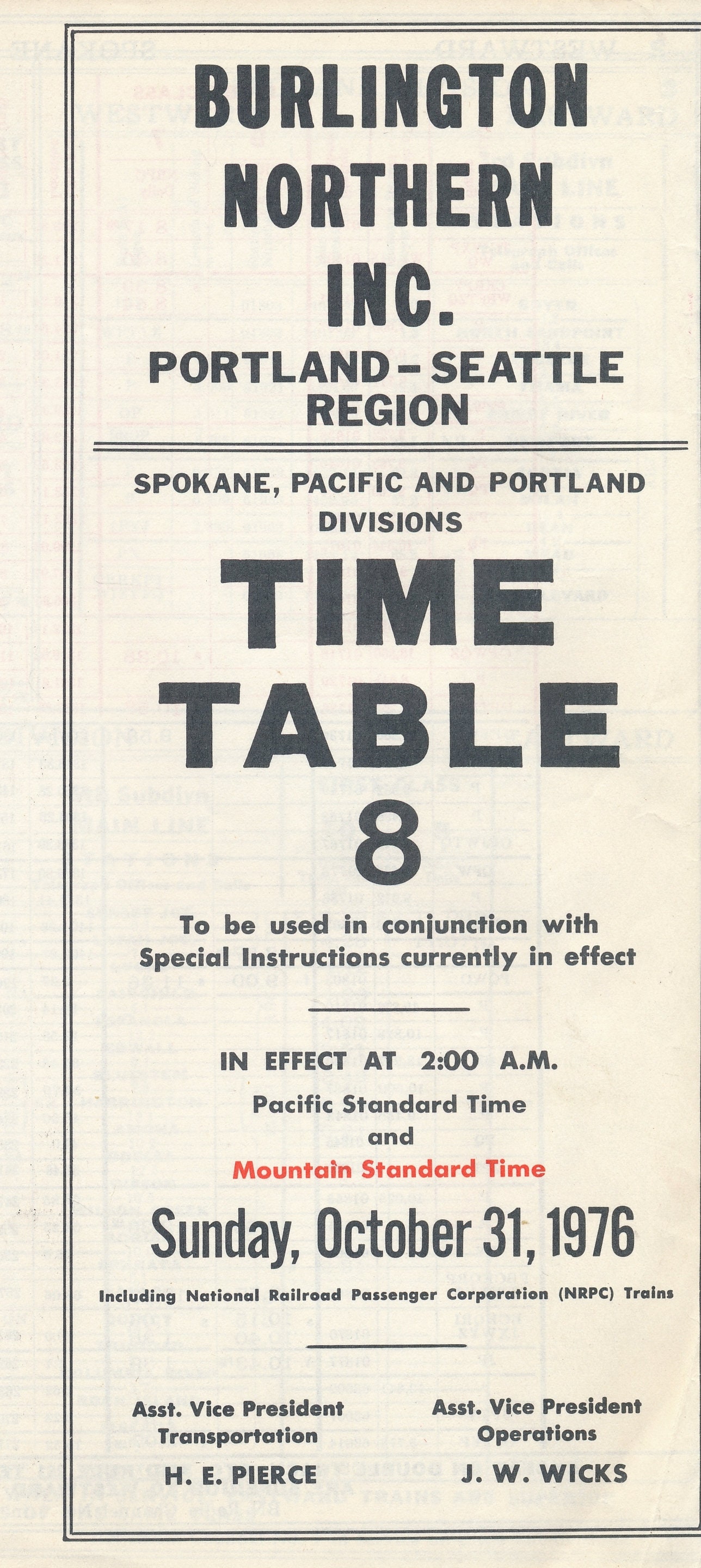 Burlington Northern Employee Timetable No. 8 October 31, 1976 Portland ...