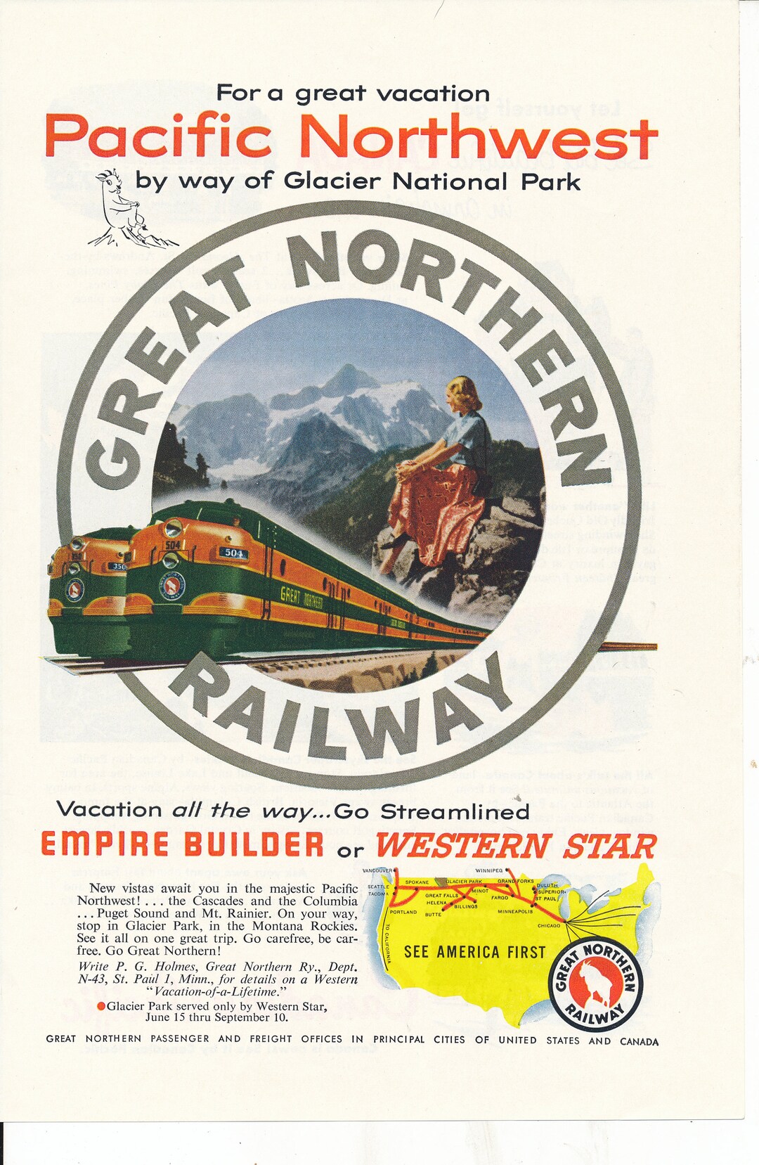 Great Northern Railway 5 Magazine Print Ads From the 1940's and 1950's ...