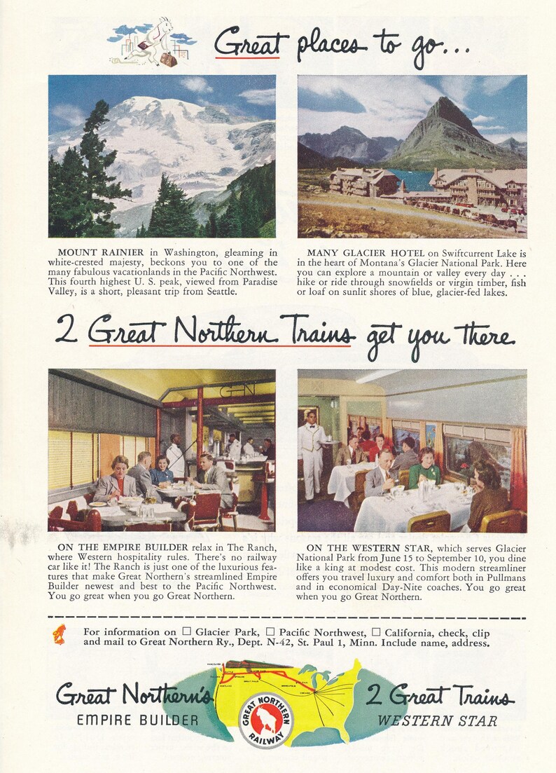 Great Northern Railway 5 Magazine Print Ads From the 1940's and 1950's ...