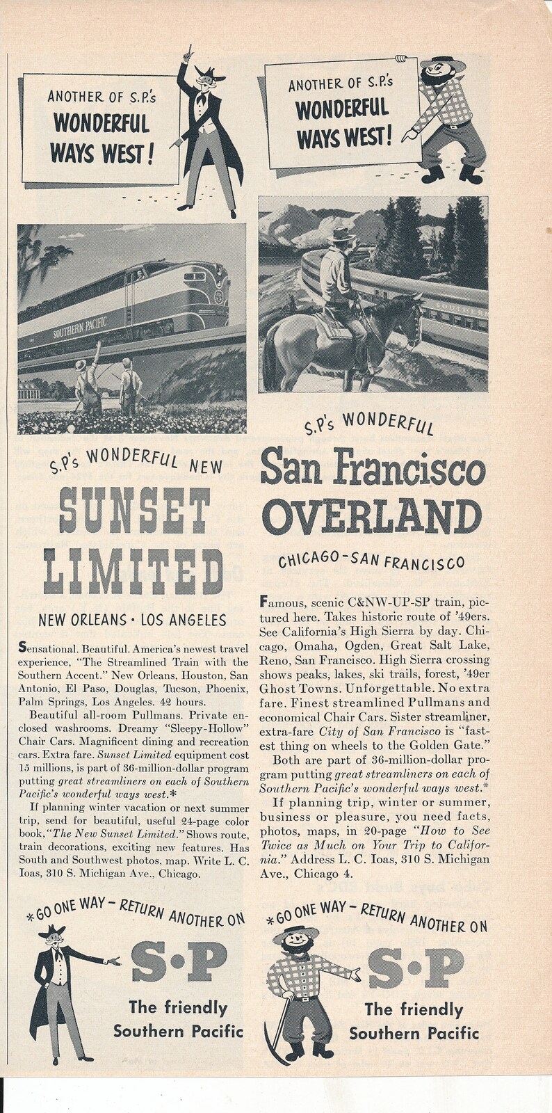 Southern Pacific Railroad 3 Magazine Print Ads From 1950's - Etsy