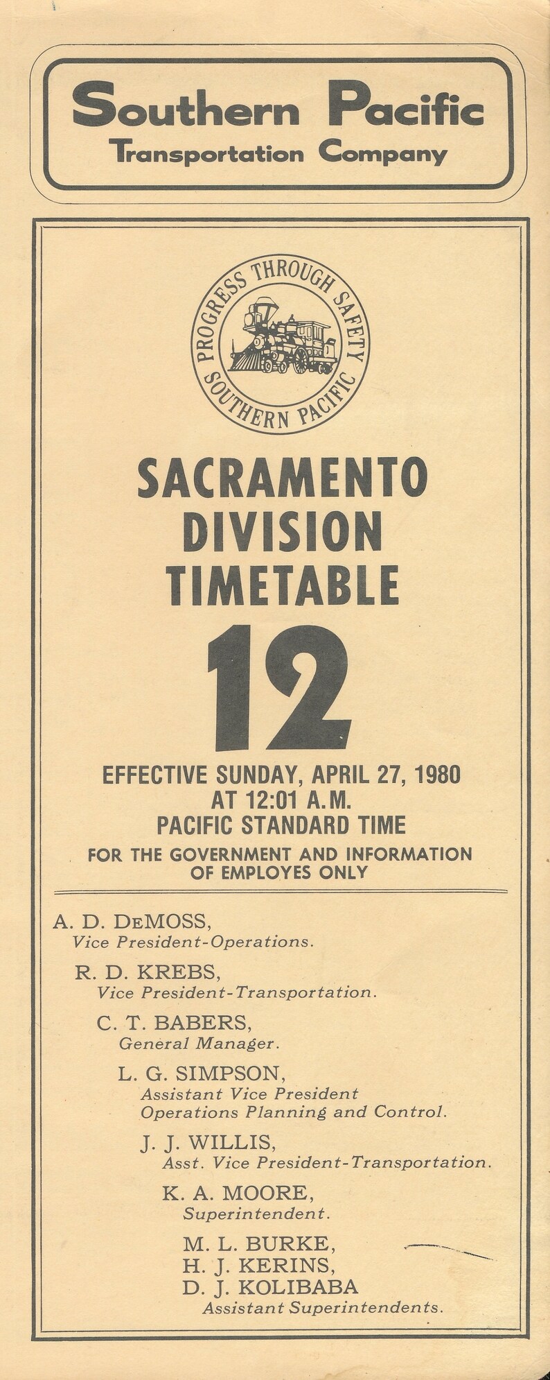 Southern Pacific Railroad Sacramento Divisions Timetable 12 April 27 ...