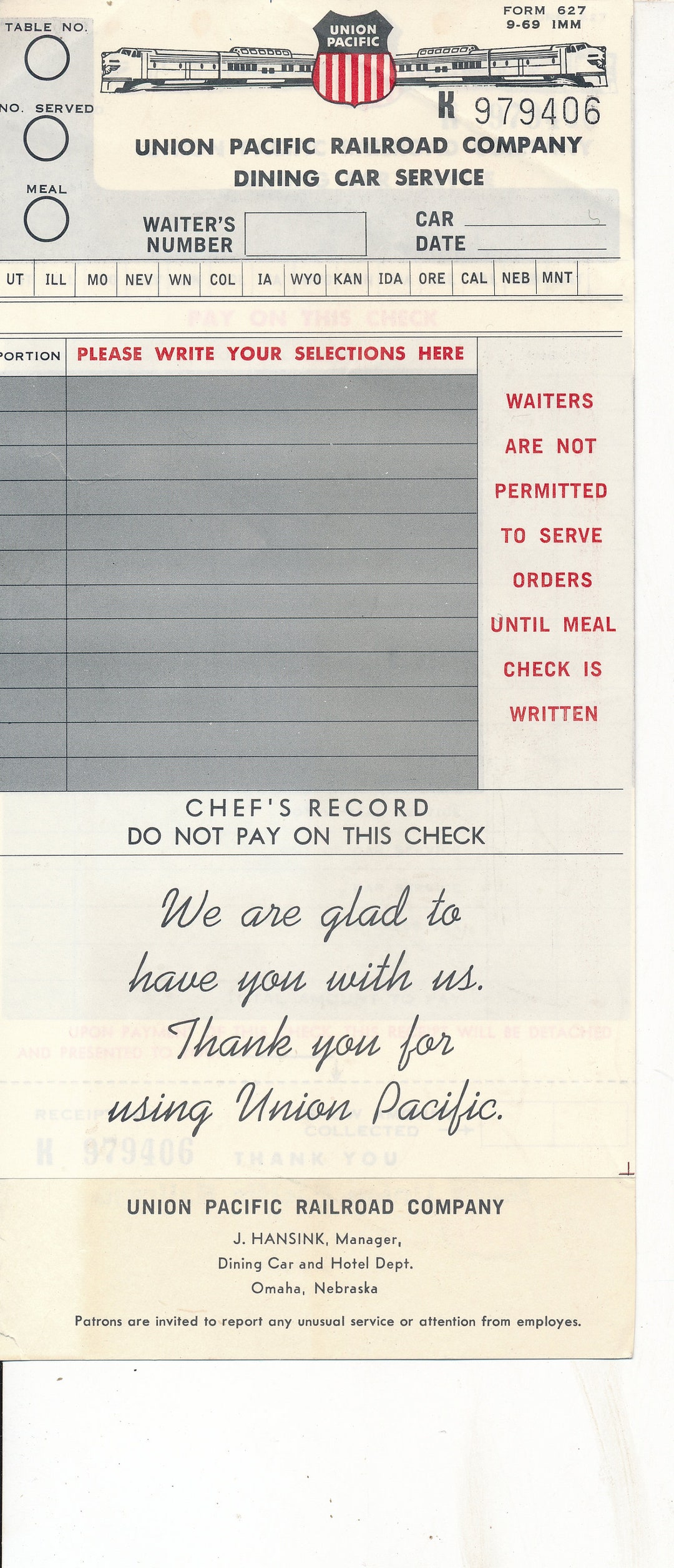 Lot of 4 Dining Car Meal Receipts : Union Pacific Railroad, Rio Grande ...