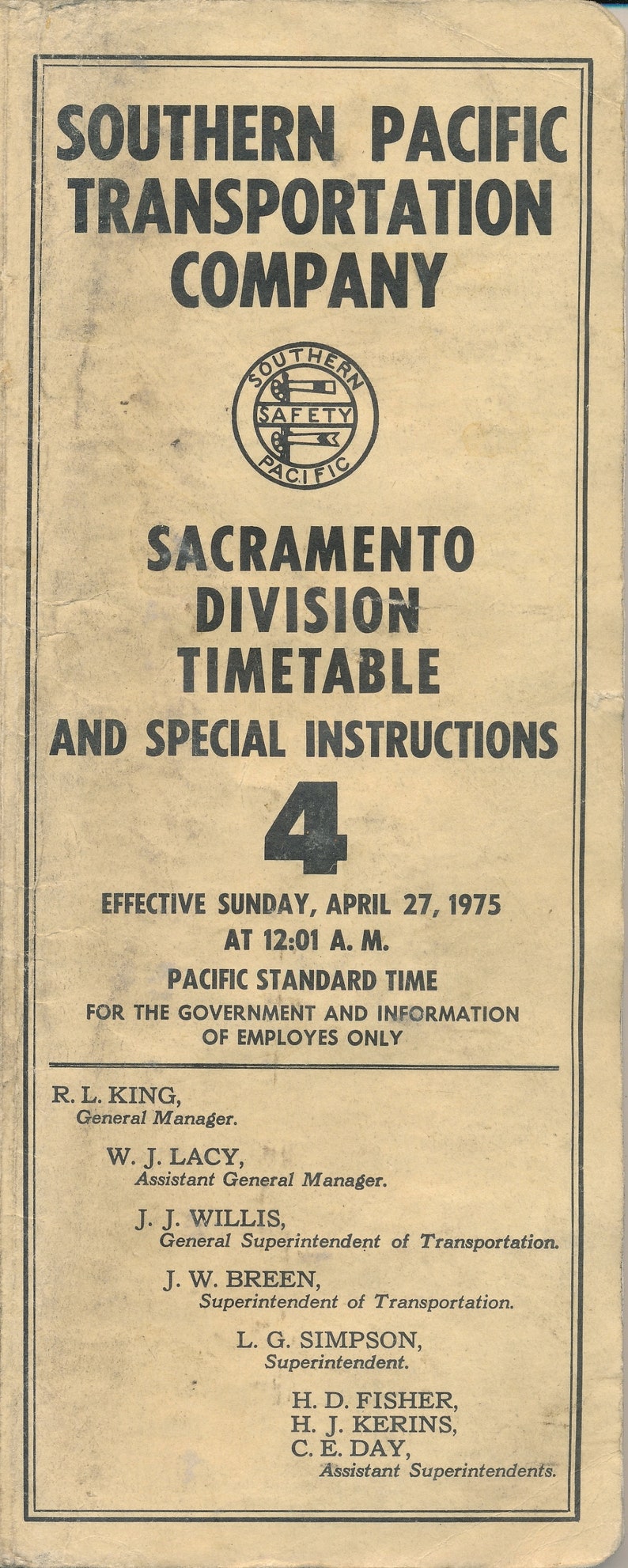 Southern Pacific Employee Timetable Sacramento Division: Nos. 1-1973, 4 ...