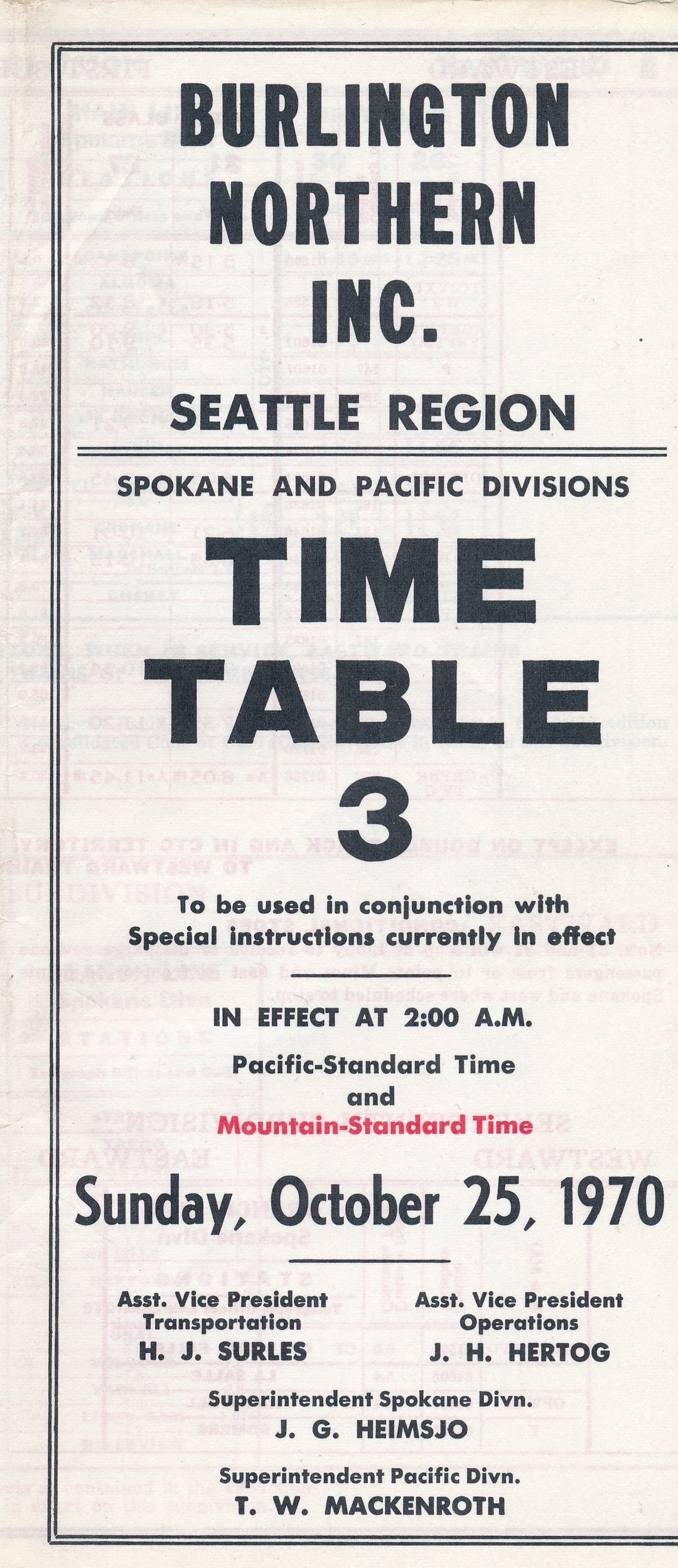 Burlington Northern Railroad Employee Timetable No. 3 Seattle Region ...