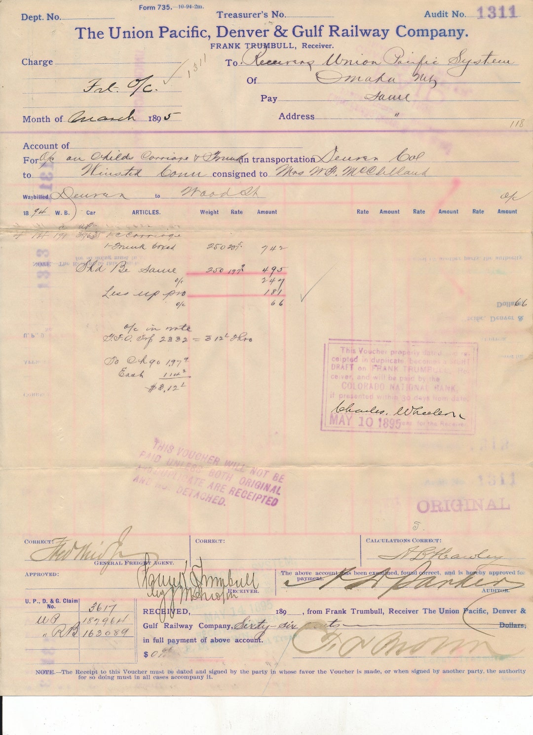 The Union Pacific, Denver and Gulf Railway Company Lot of 3 Items Dated ...