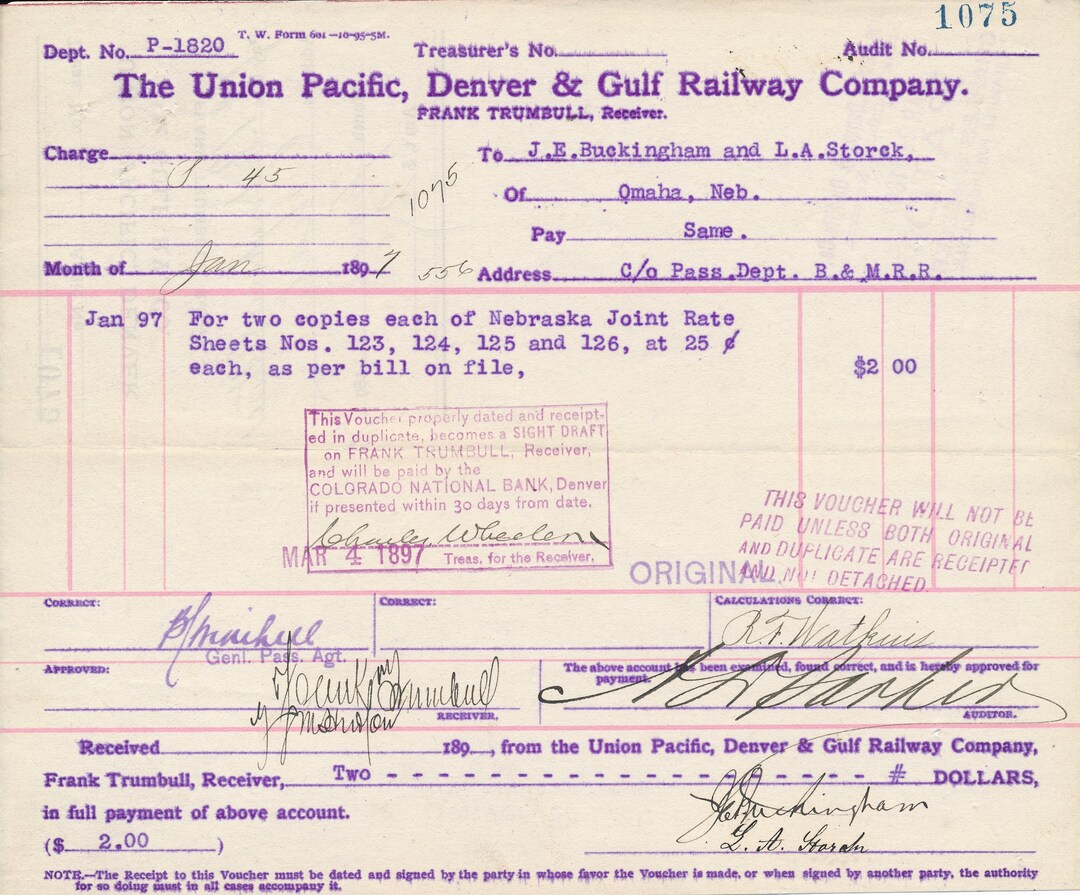 The Union Pacific, Denver and Gulf Railway Lot of 4 Items: Invoice and ...