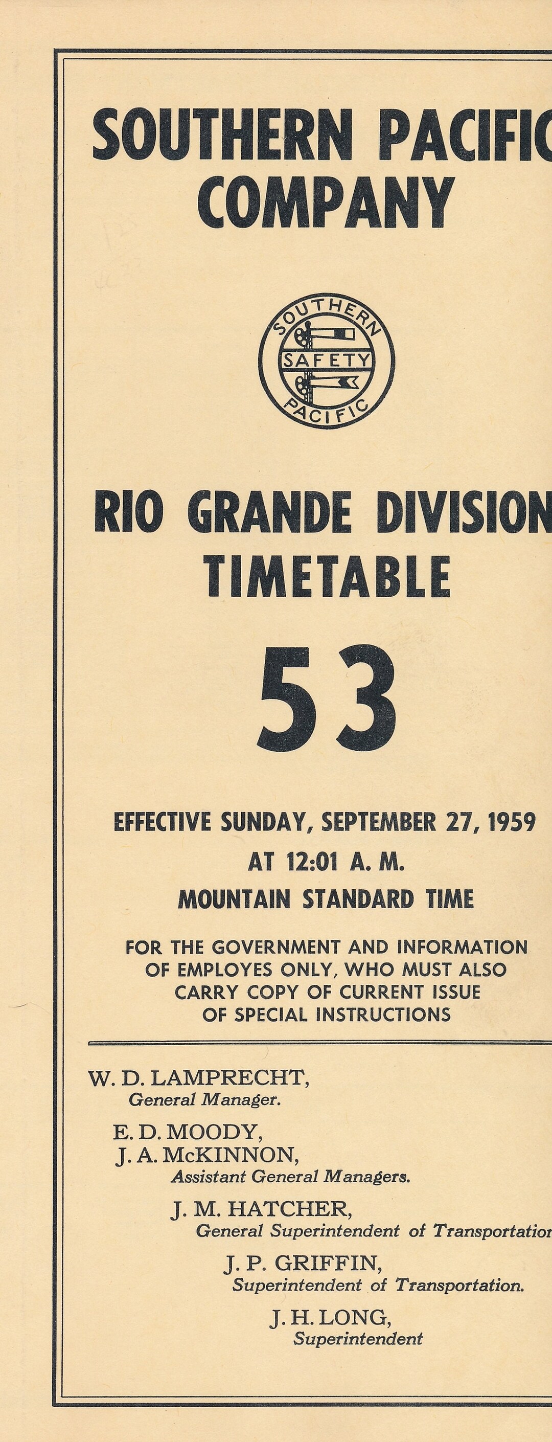 Southern Pacific Employee Timetable 53 Rio Grande Divsion September 27 ...