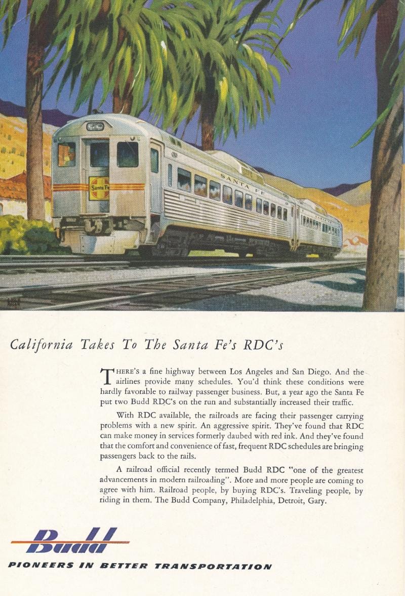 Budd Railcar Company 3 Magazine Print Ad's for New RDC Budd Cars for the New Haven, Santa Fe and ...