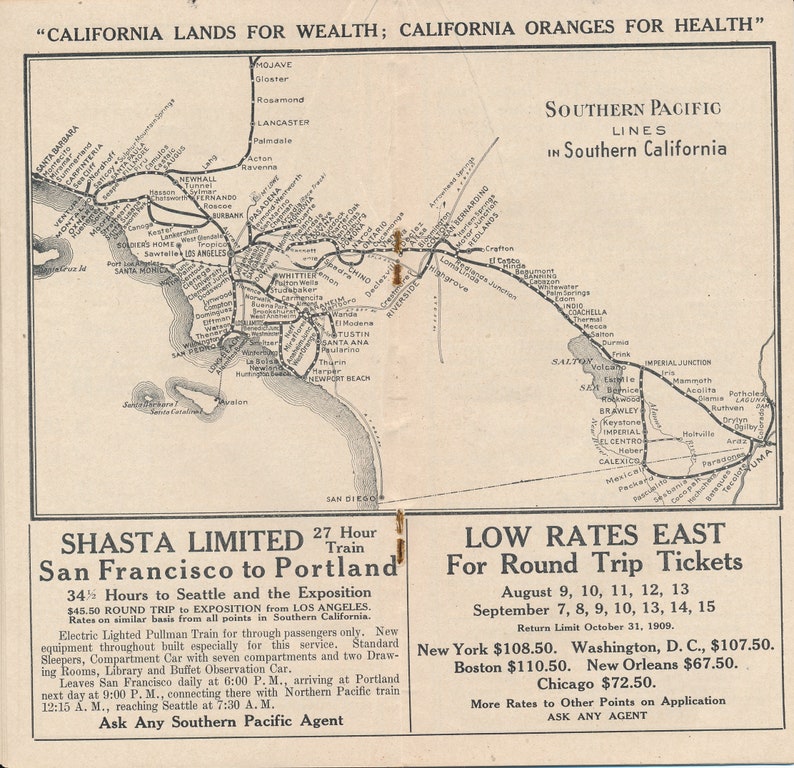Southern Pacific Railroad Southern California Time Tables July 22, 1909 ...