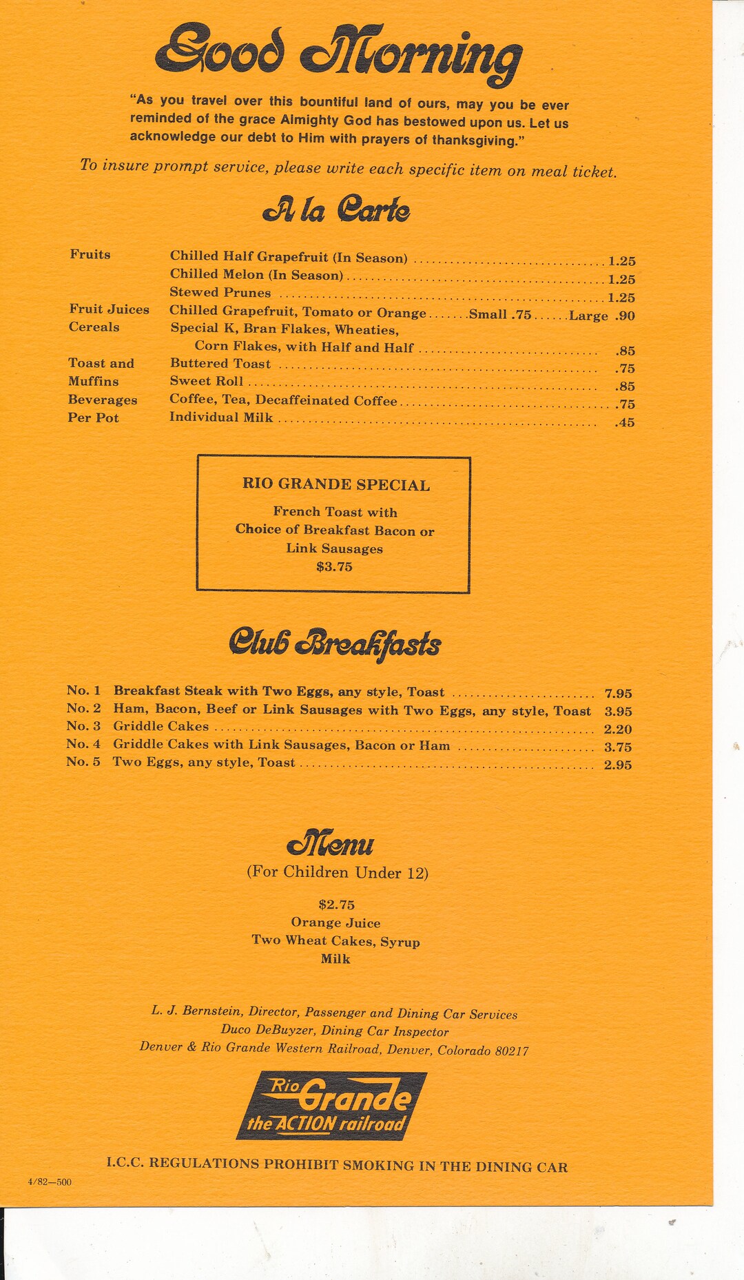 Denver and Rio Grande Western Breakfast Menu 1982 and Beverage Menu ...