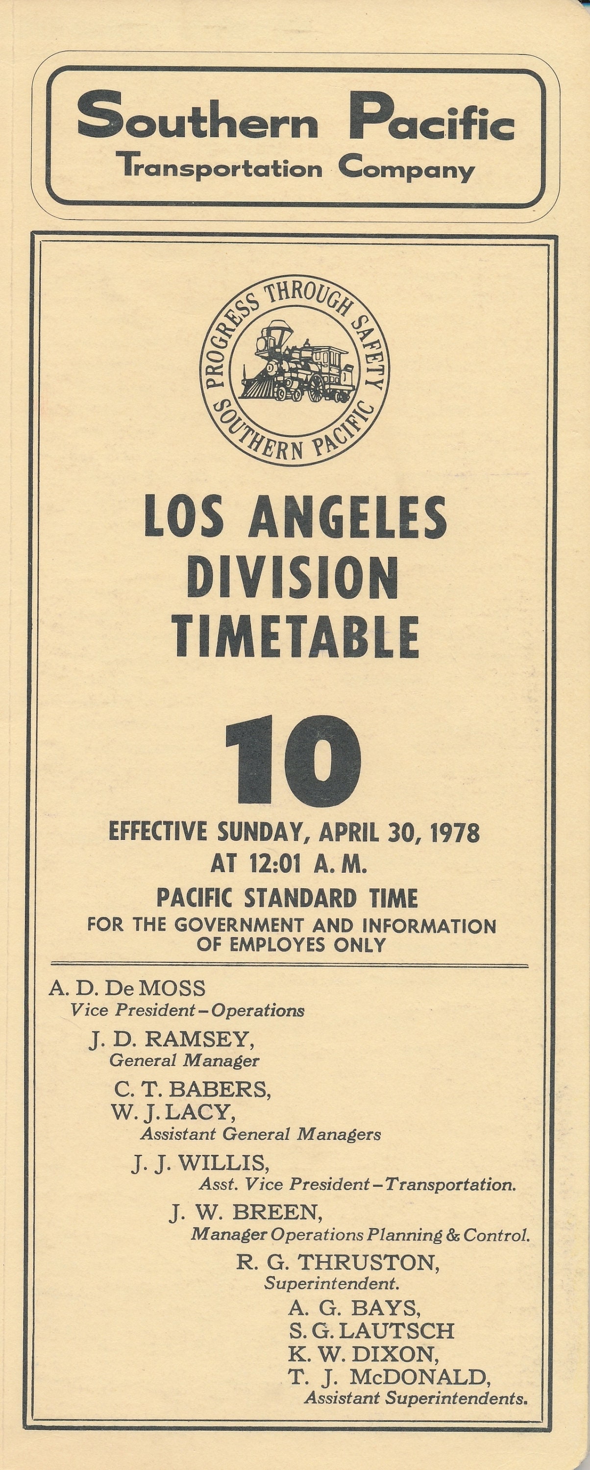 Southern Pacific Employee Timetables Los Angeles Division: Nos. 10-1978 ...