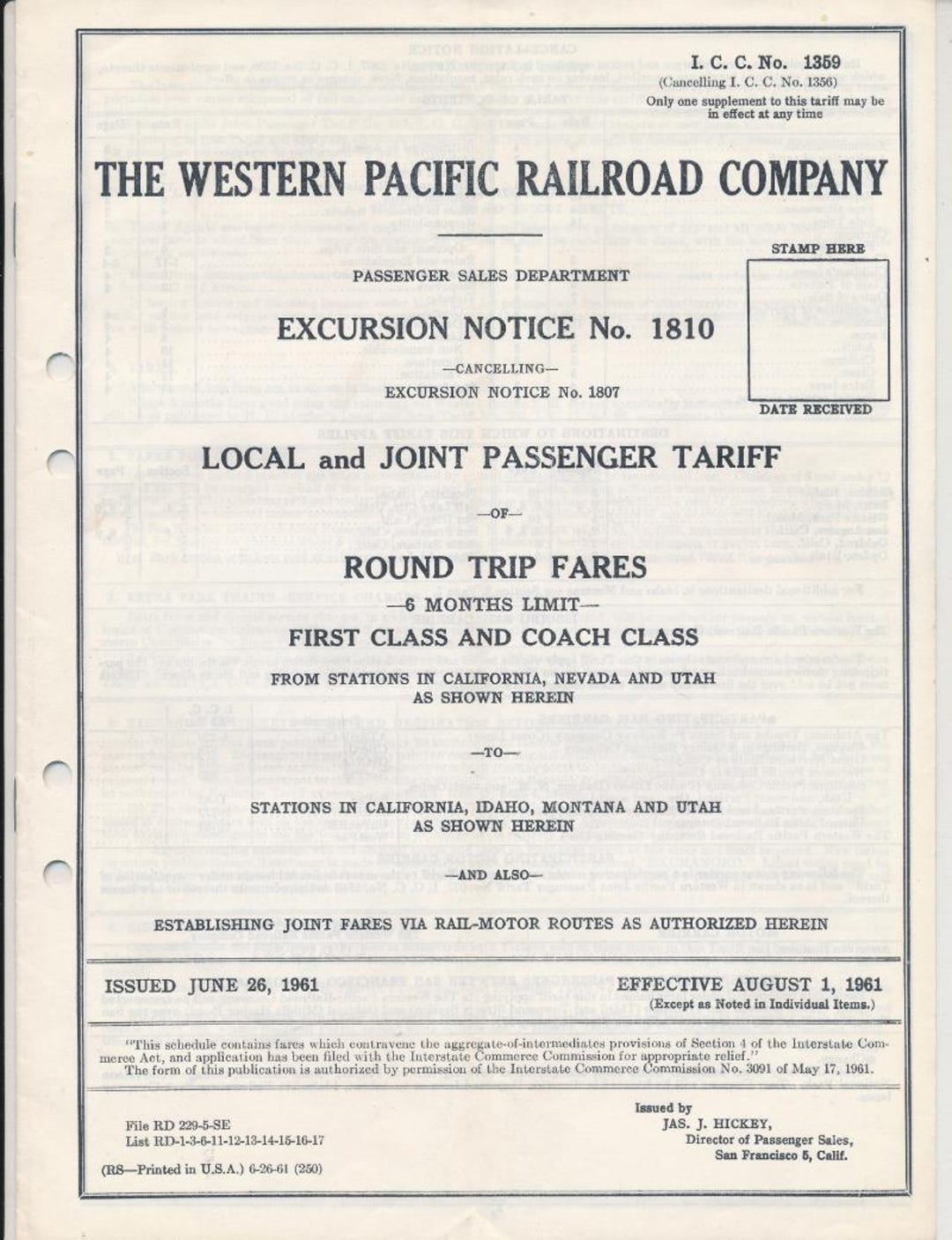 Western Pacific Railroad Passenger Train Tariffs Excursion Notice No ...