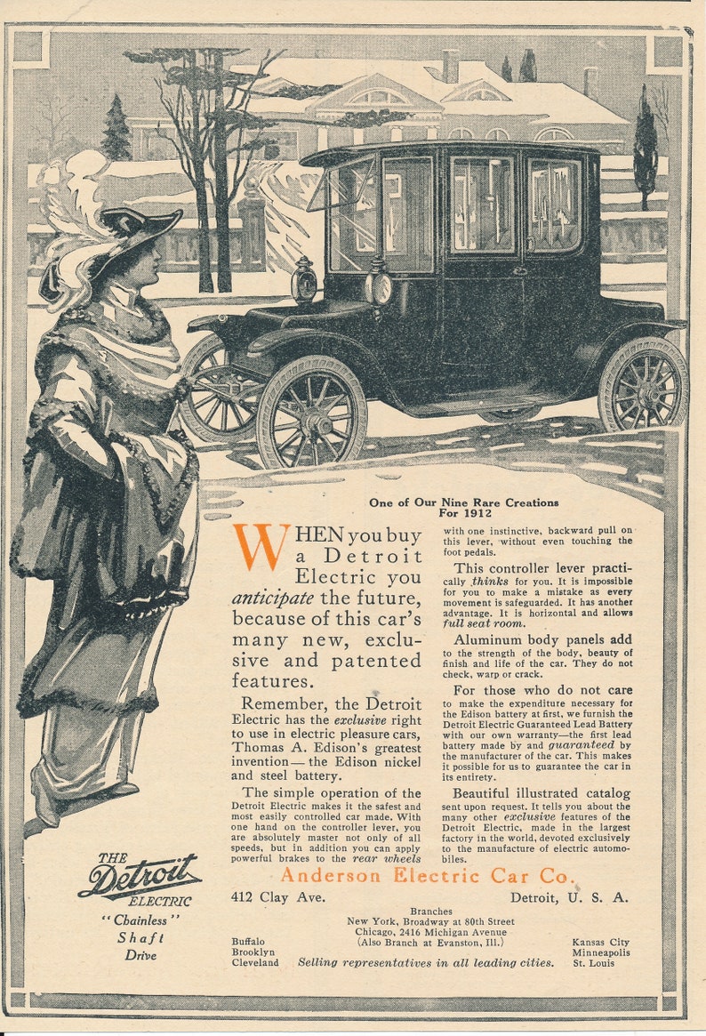 2 Vintage Magazine Print Ads for the Detroit Electric Car by Anderson ...