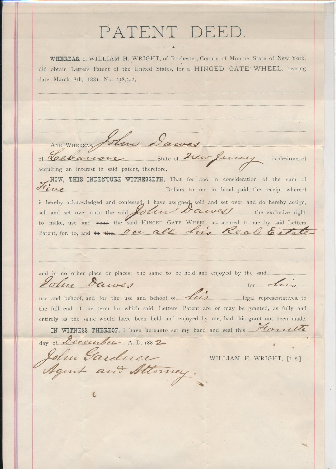 Antique Patent Deed Dated December 4, 1882 - Etsy
