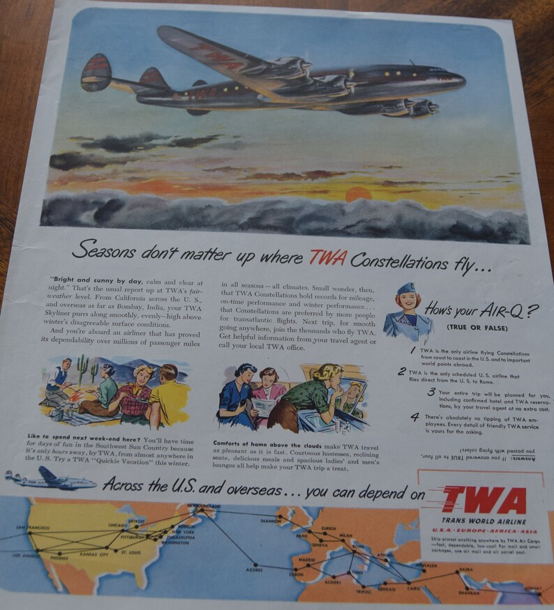 Airline Ad's Vintage Magazine Print Ad's Mid 1900's Lot of 3 Airlines ...