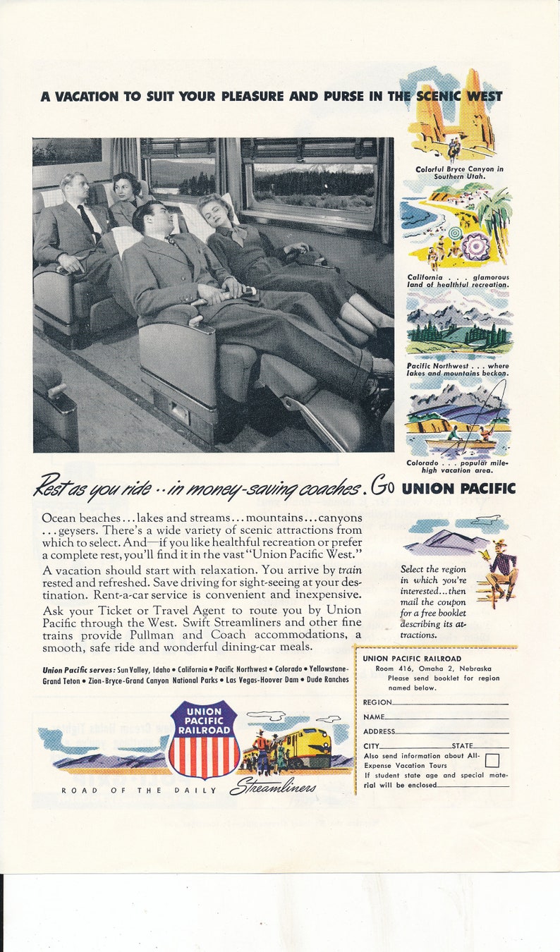 Union Pacific Railroad 5 Magazine Print Ads From the 1950's - Etsy