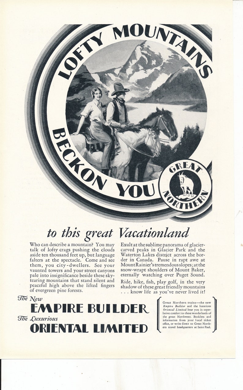 Great Northern Railway 2 Very Rare Magazine Print Ads From the 1920's ...