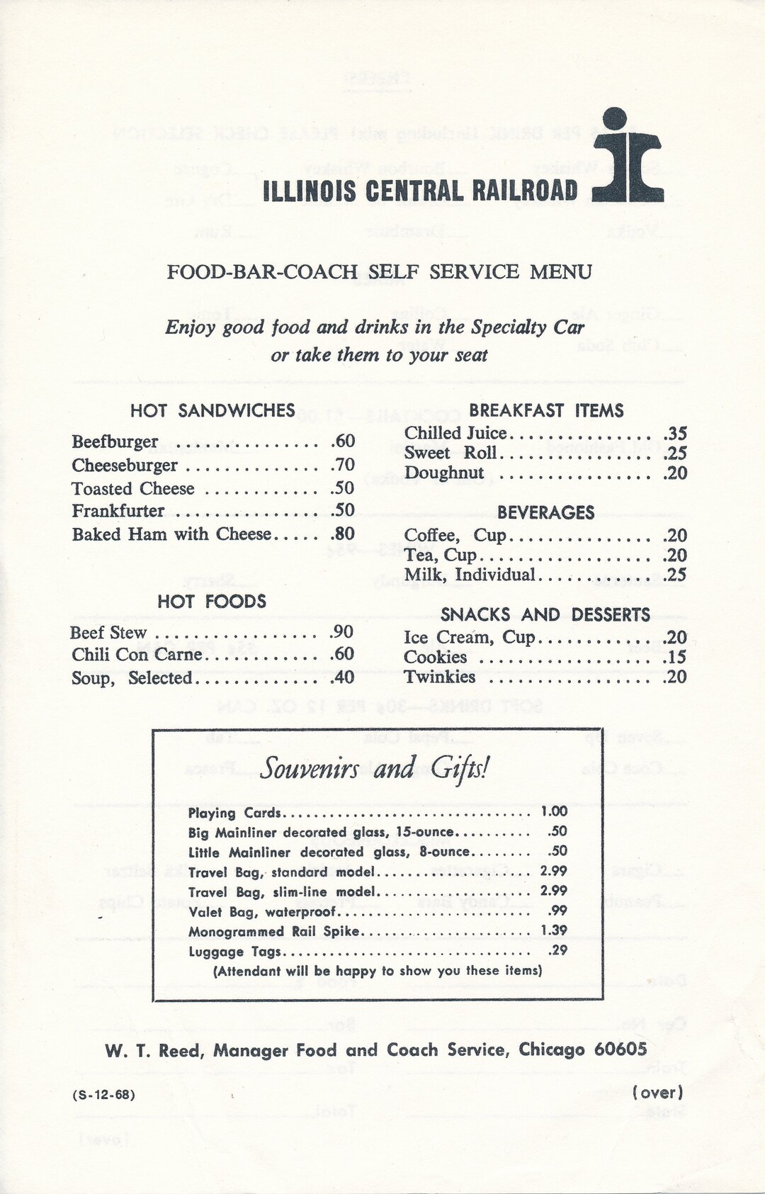 Dining Car Menu: Illinois Central Food-coach Self Service Menu - Etsy