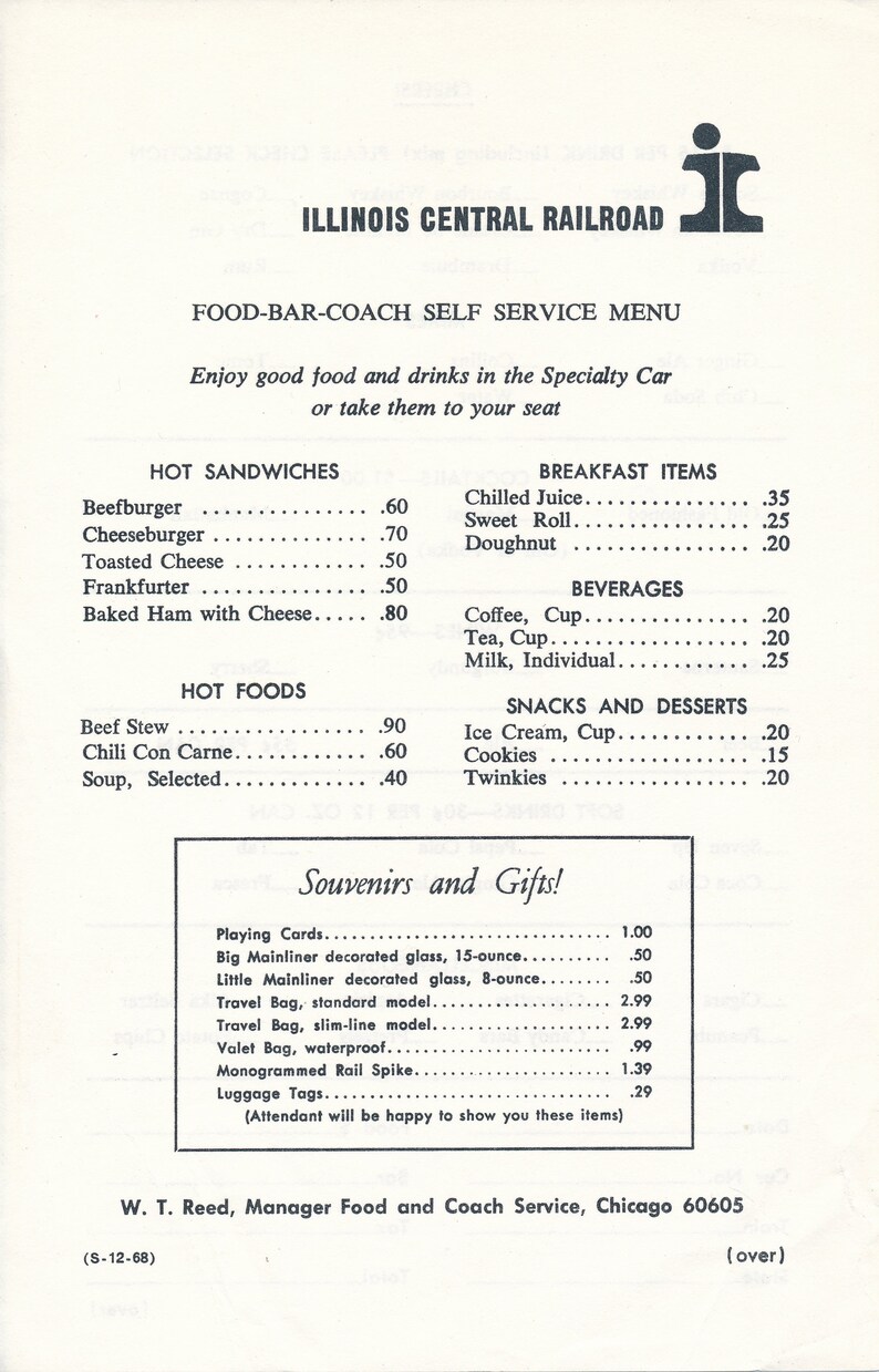 Dining Car Menu: Illinois Central Food-coach Self Service Menu - Etsy