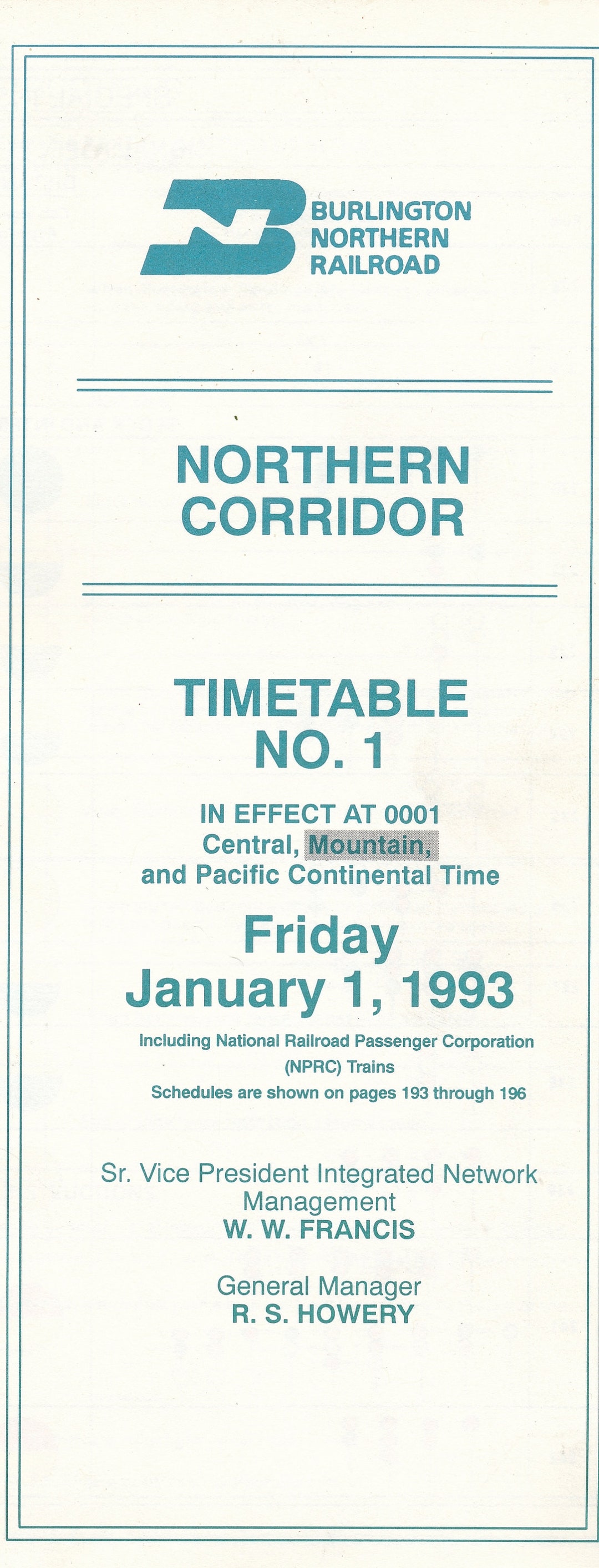 Burlington Northern Employee Timetable No. 1 Northern Corridor January ...