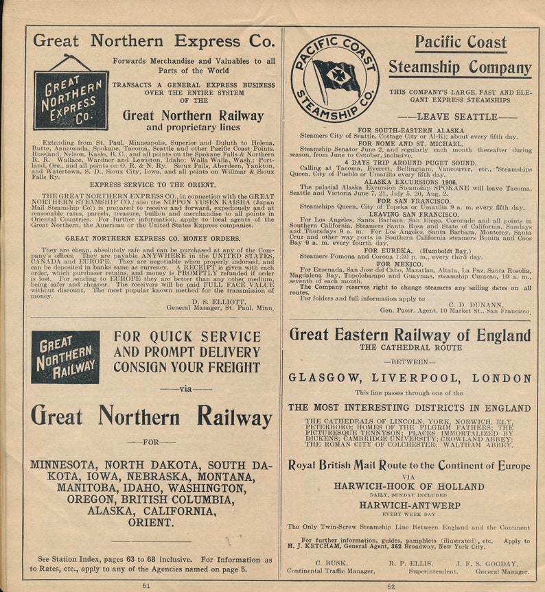 Great Northern Railway Pubic Timetable Dated 1906 72 Pages - Etsy