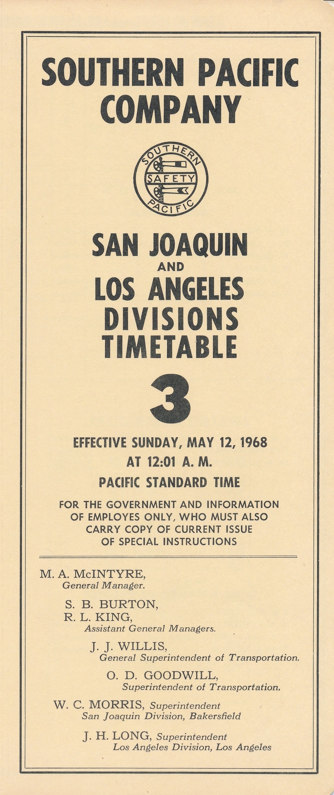 Southern Pacific Employee Timetable 3 San Joaquin and Los Angeles ...