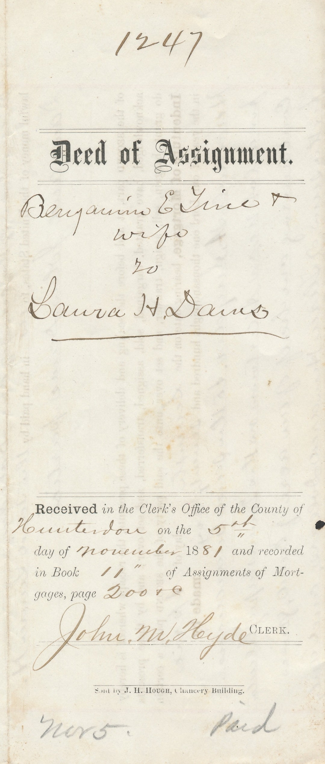 Antique Deed of Assignment Hunterdon County New Jersey November 5, 1881 ...