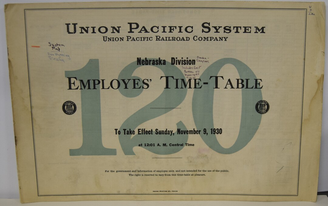 Union Pacific Railroad Nebraska Division Timetable 120 November 9, 1930 ...