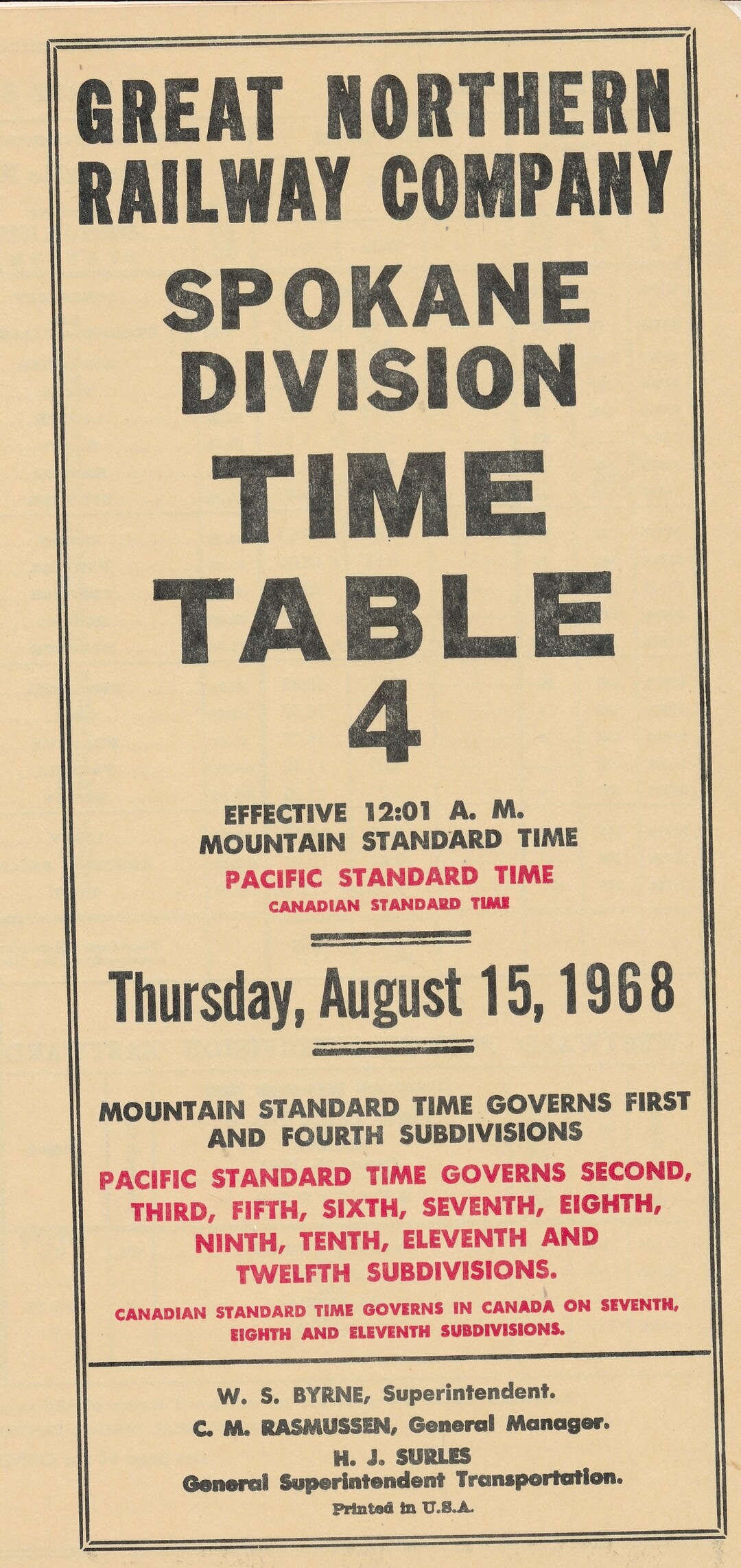 Great Northern Railway Spokane Division Timetable 4 August 15, 1968 - Etsy