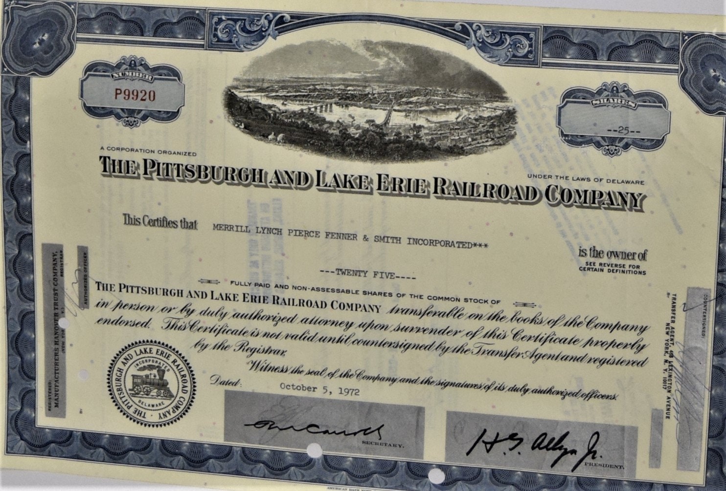 The Pittsburgh and Lake Erie Railroad Company Less Than 100 Stock ...