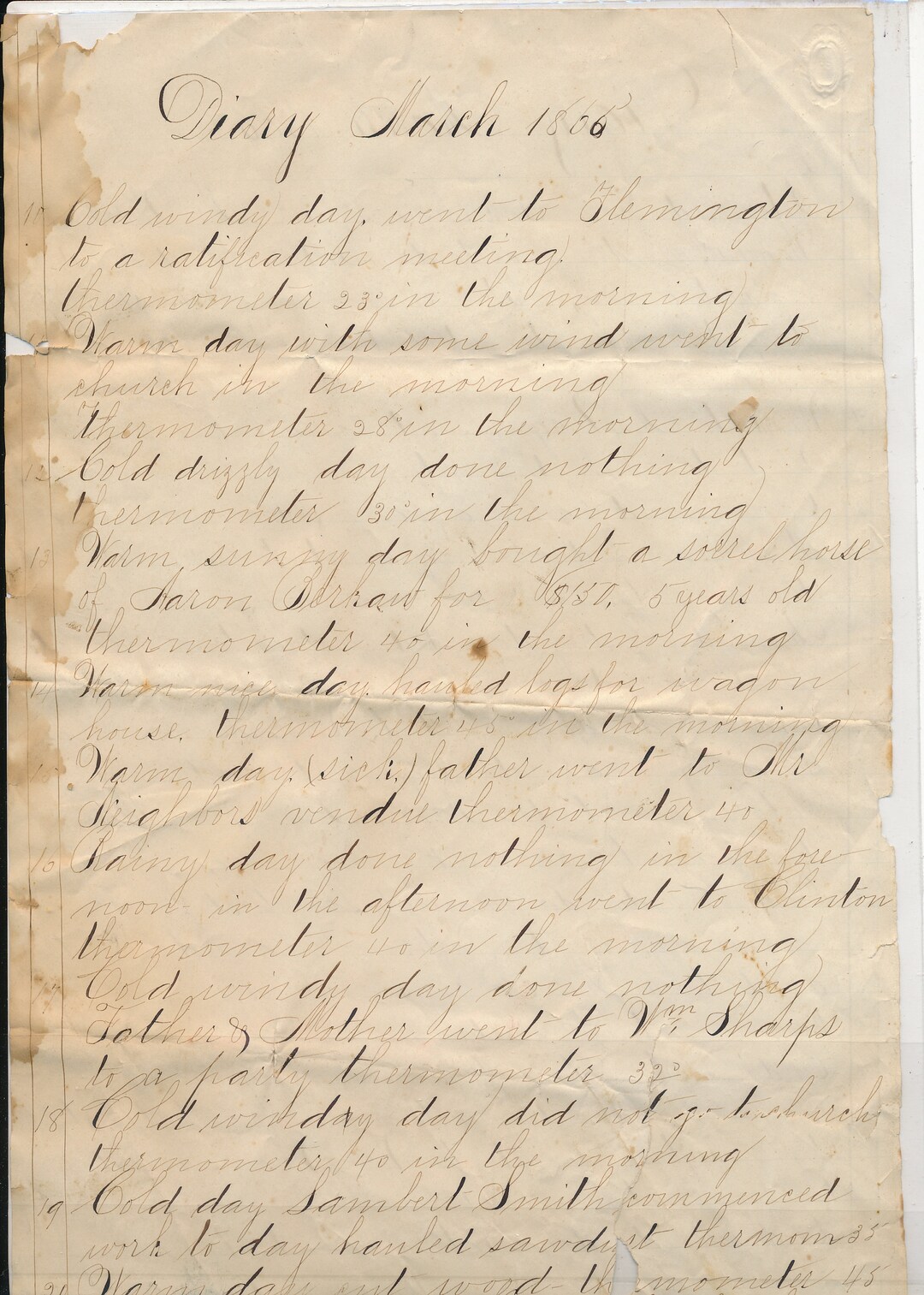 Antique Diary Dated March 1806 Hand Written on Both Sides on US Army ...