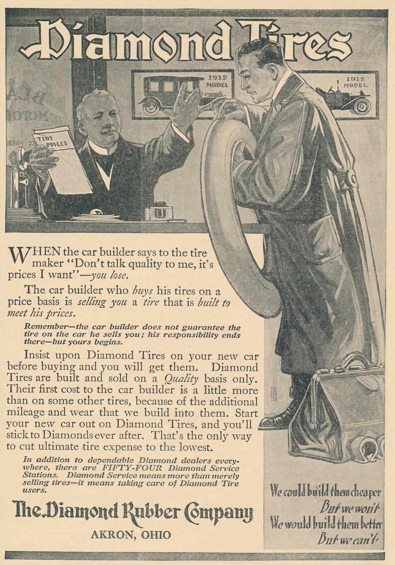2 Vintage Diamond Tires Print Ads From 1912 Diamond Rubber Company - Etsy