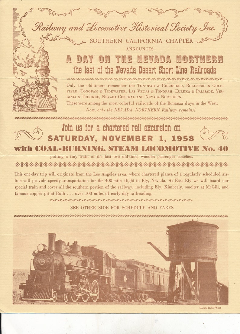 Nevada Northern Railway Excursion Flyer November 1, 1958 Railway and ...