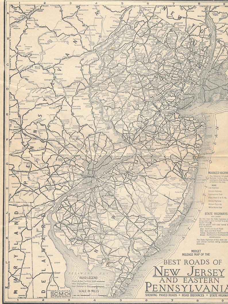 Antique Map New Jersey and East Pennsylvania Best Road Of. 9 by 13 1920 ...