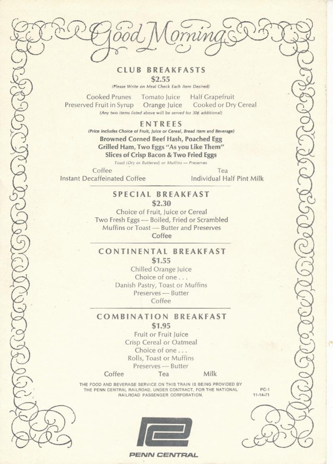 Dining Car Menus: Penn Central Railroad Breakfast Dining Car Menus Lot ...