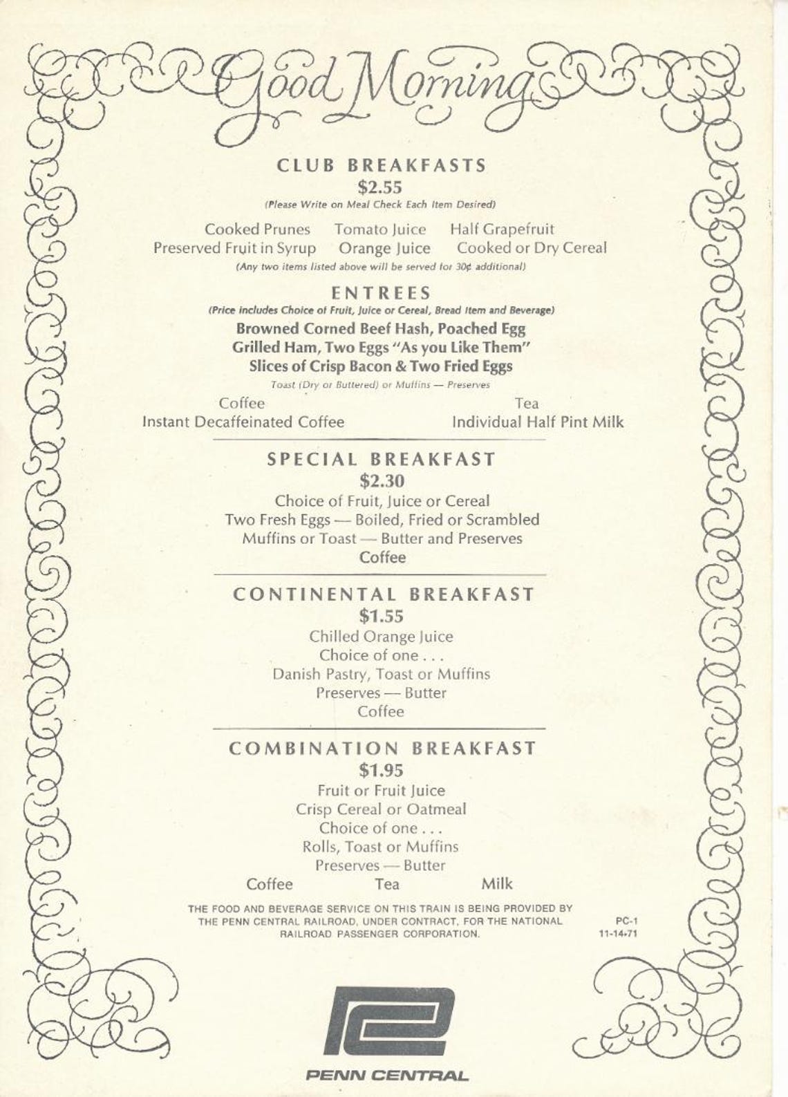 Dining Car Menus: Penn Central Railroad Breakfast Dining Car Menus Lot ...