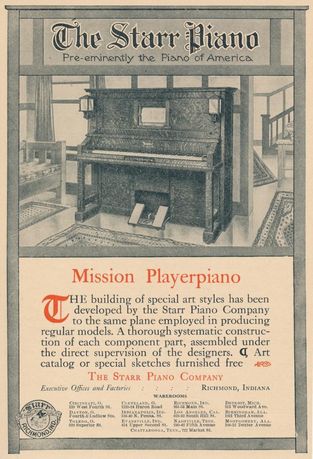 The Starr Piano Company Magazine Print Ad's Lot of 2 From the Early ...