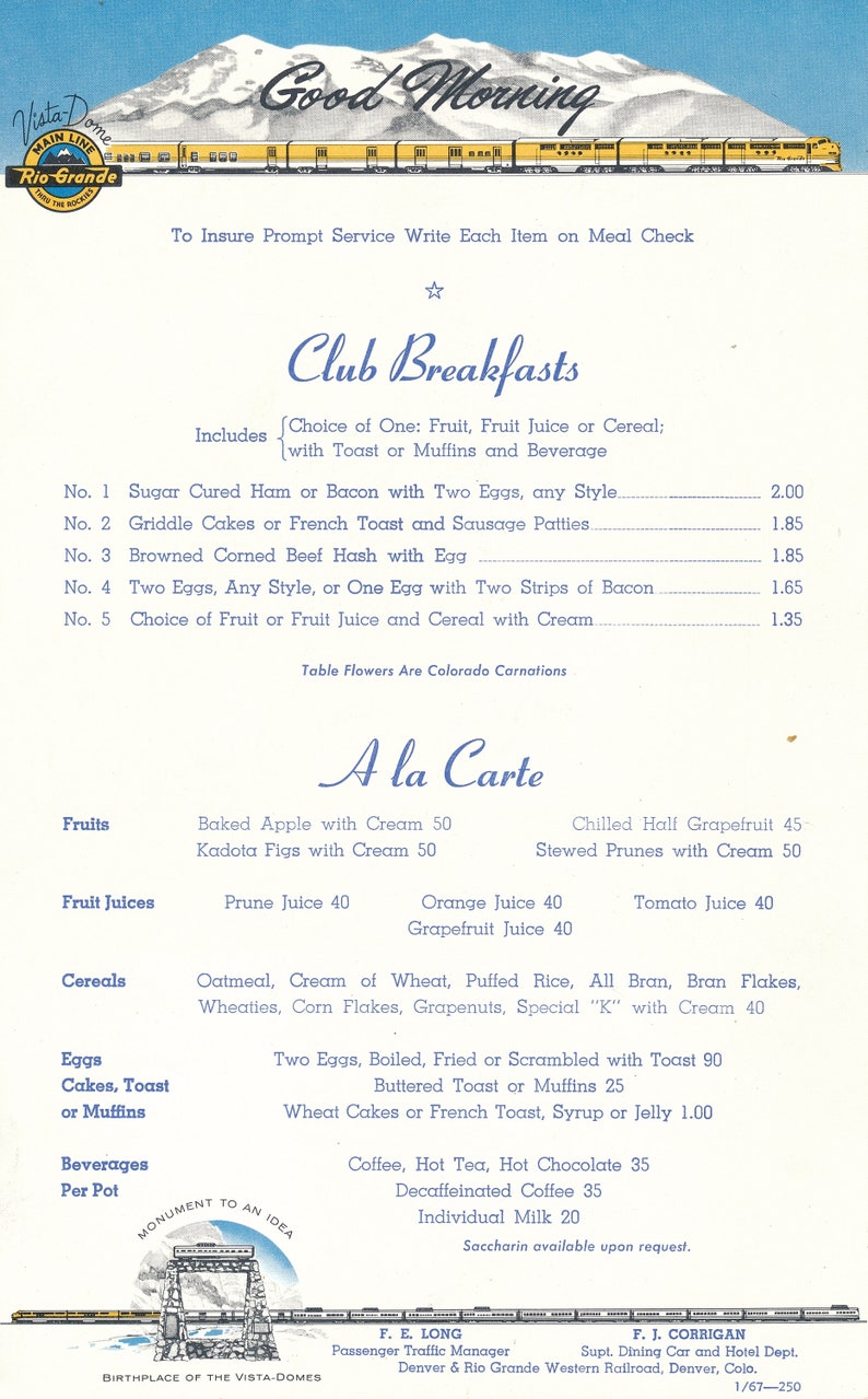 Dining Car Menu: Rio Grande Railroad Club Breakfasts Menu 1967 - Etsy