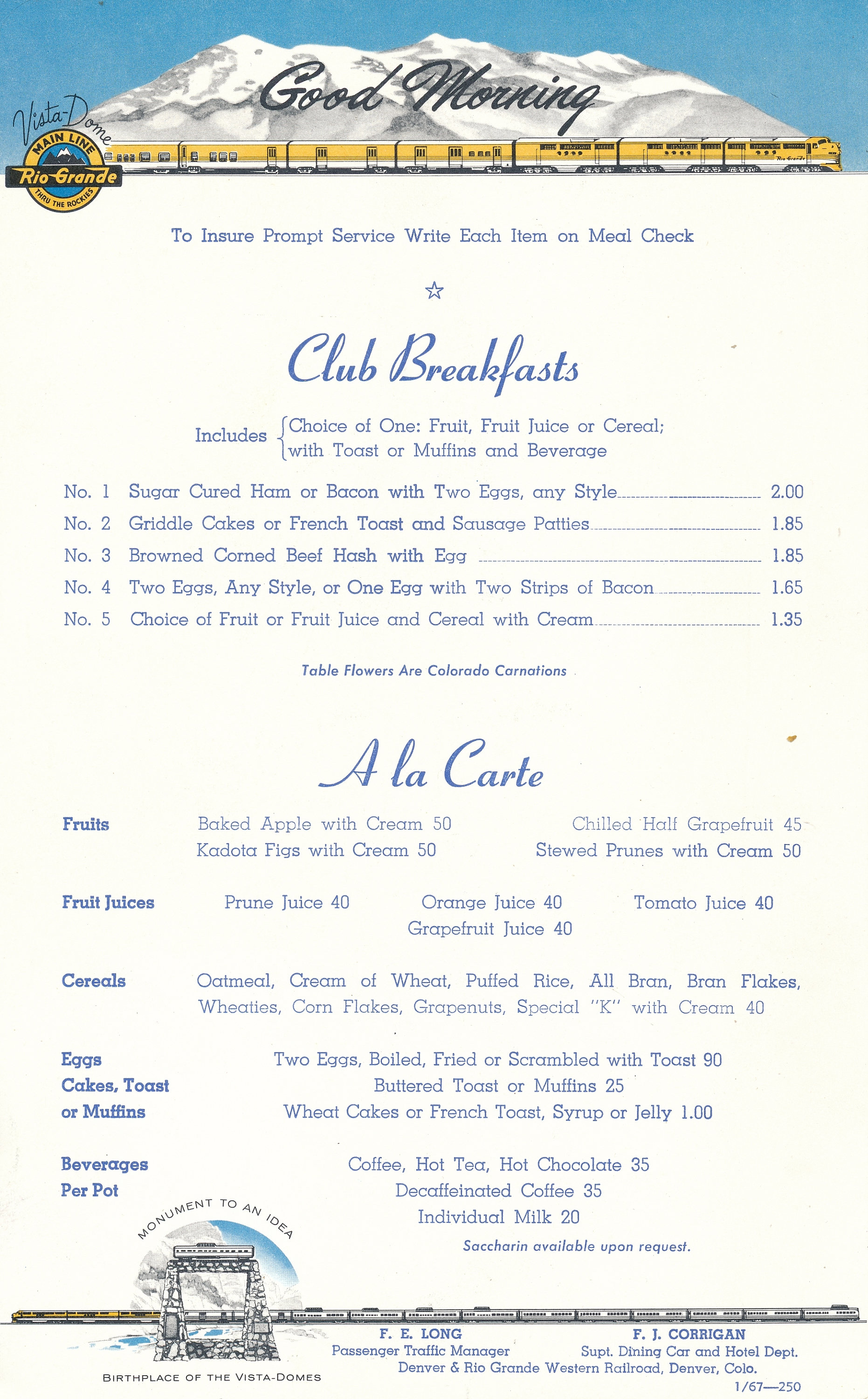 Dining Car Menu: Rio Grande Railroad Club Breakfasts Menu 1967 - Etsy
