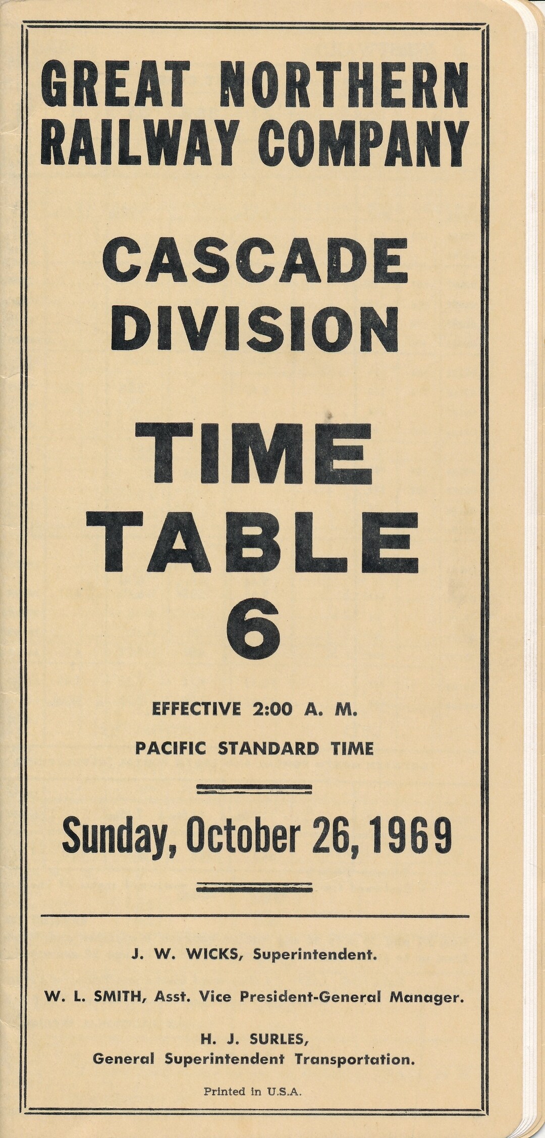 Great Northern Railway Employee Timetable No. 6 October 26, 1969 ...