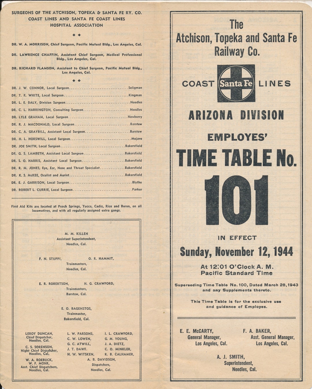 Santa Fe Railway Employee Timetable 101 Arizona Division November 12 ...