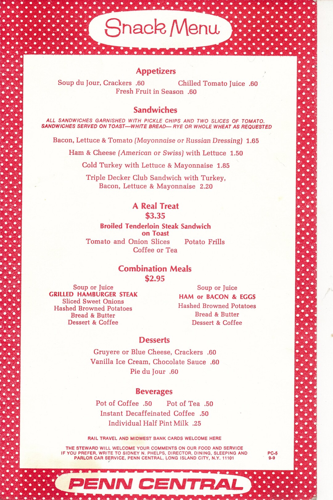 Dining Car Menu: Penn Central Snack and Beverage Menu - Etsy